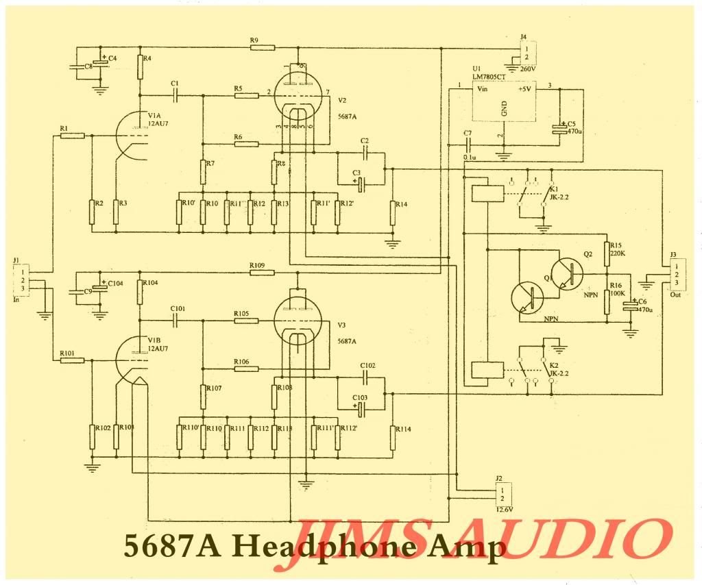 Tube 5687A output headphone amplifier stereo with delay circuit bare ...